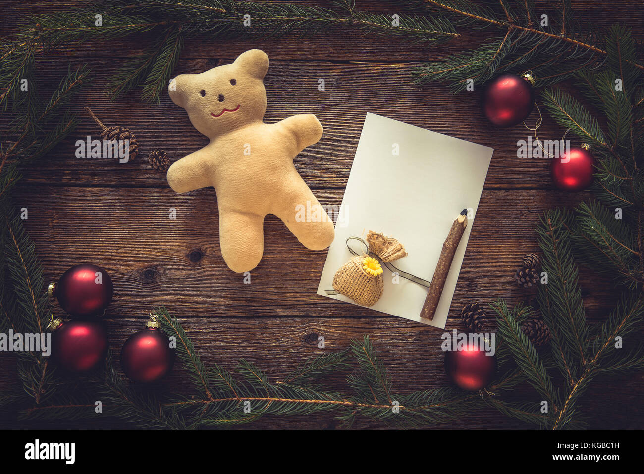 Christmas background. Ornaments, teddy bear and sticky notes Stock ...