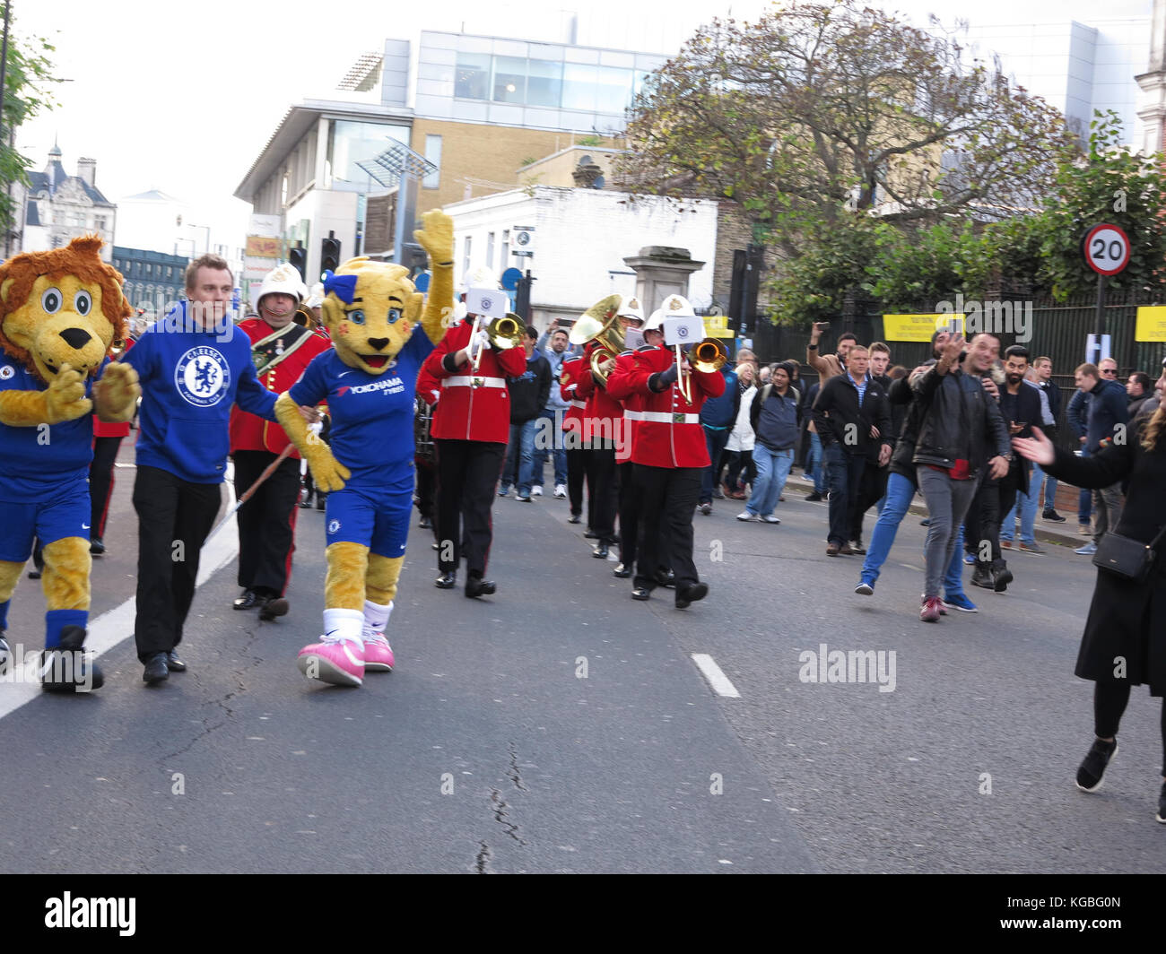 Chelsea Football Club's brass band parade down the Fulham Road and ...