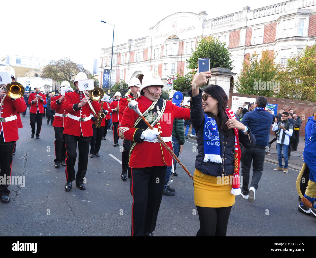Chelsea Football Club's brass band parade down the Fulham Road and ...