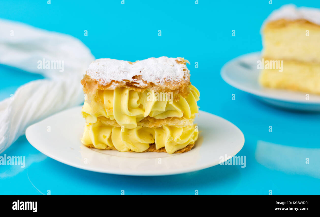 Italian cremeschnitte sweet cream pie slices on a plate Stock Photo - Alamy