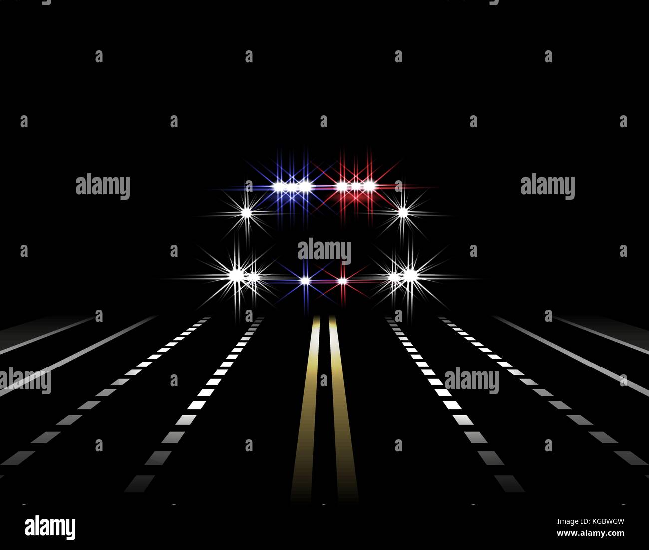 Abstract light effects. Police car at night with lights in front. Road ...