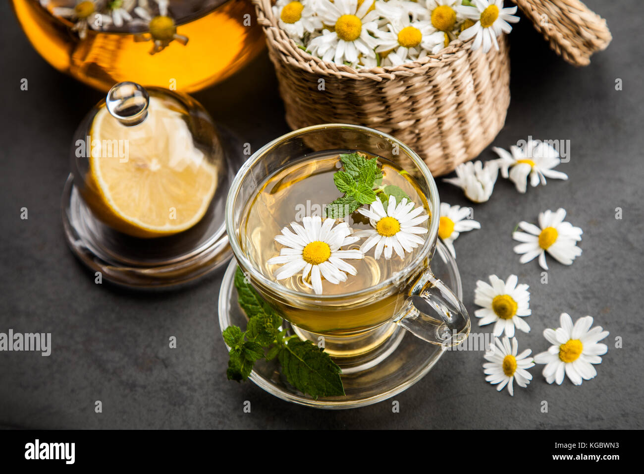 Chamomile tea in a glass cup Stock Photo - Alamy