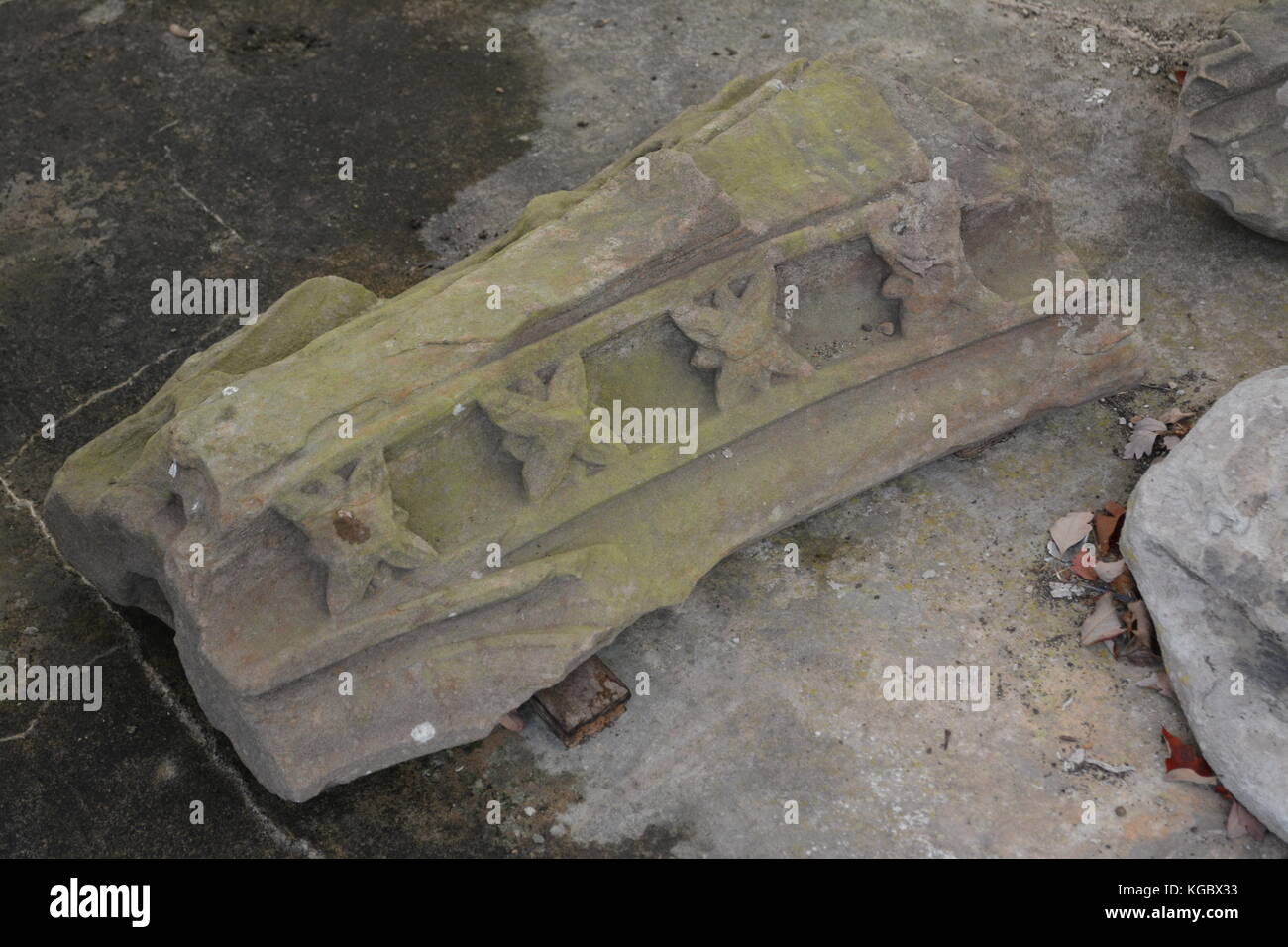 Stonework old red sandstone blocks of carved stone at Tintern Abbey ...