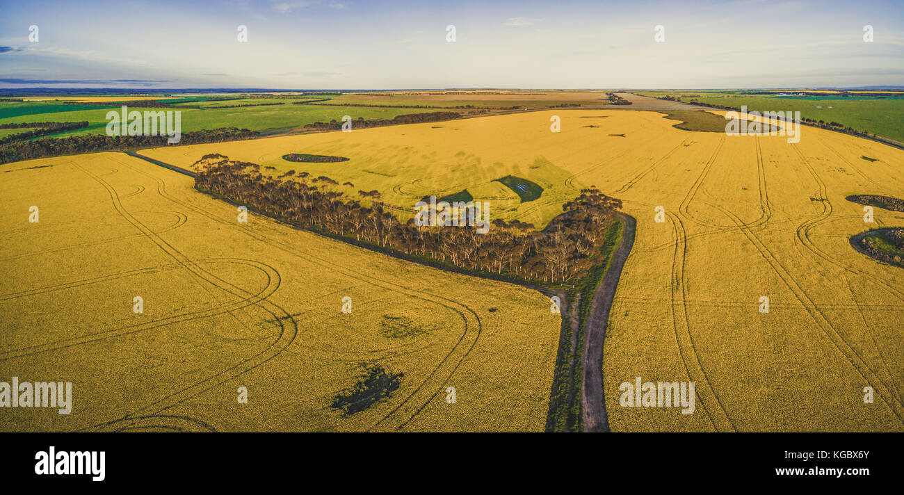 Aerial panoramic view of rural road passing through agricultural land ...