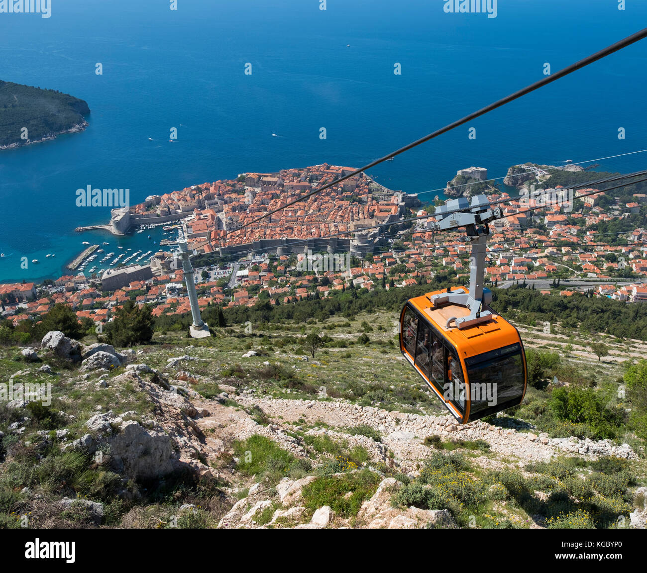 Looking down to Dubrovnik from the summit of Mount Srd, Croatia, Europe ...