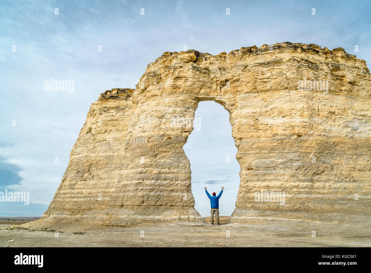 arch in Monument Rocks (Chalk Pyramids) in western Kansas with a human ...