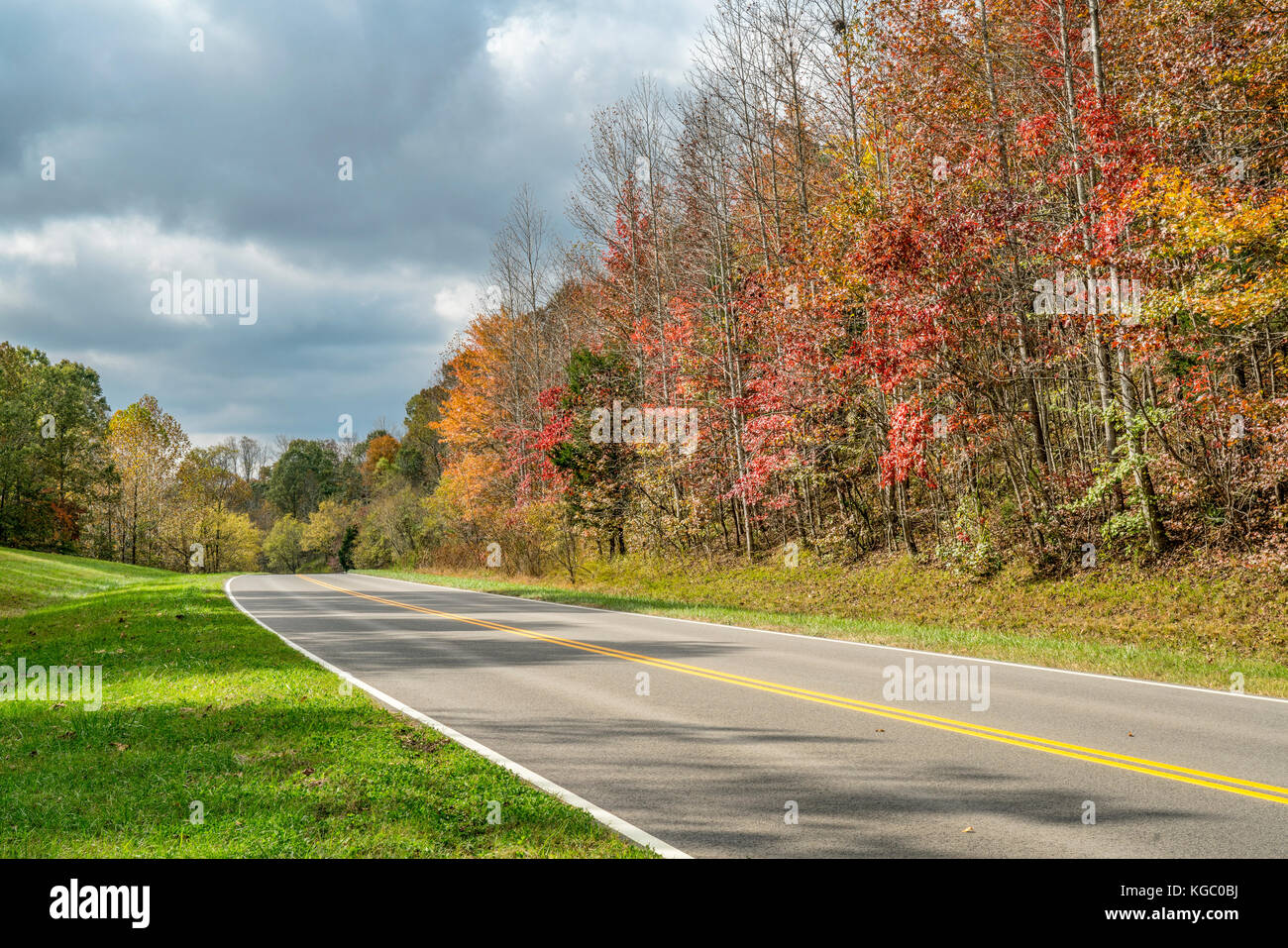 a highway of Natchez Trace Parkway in Tennessee, fall colors in late ...