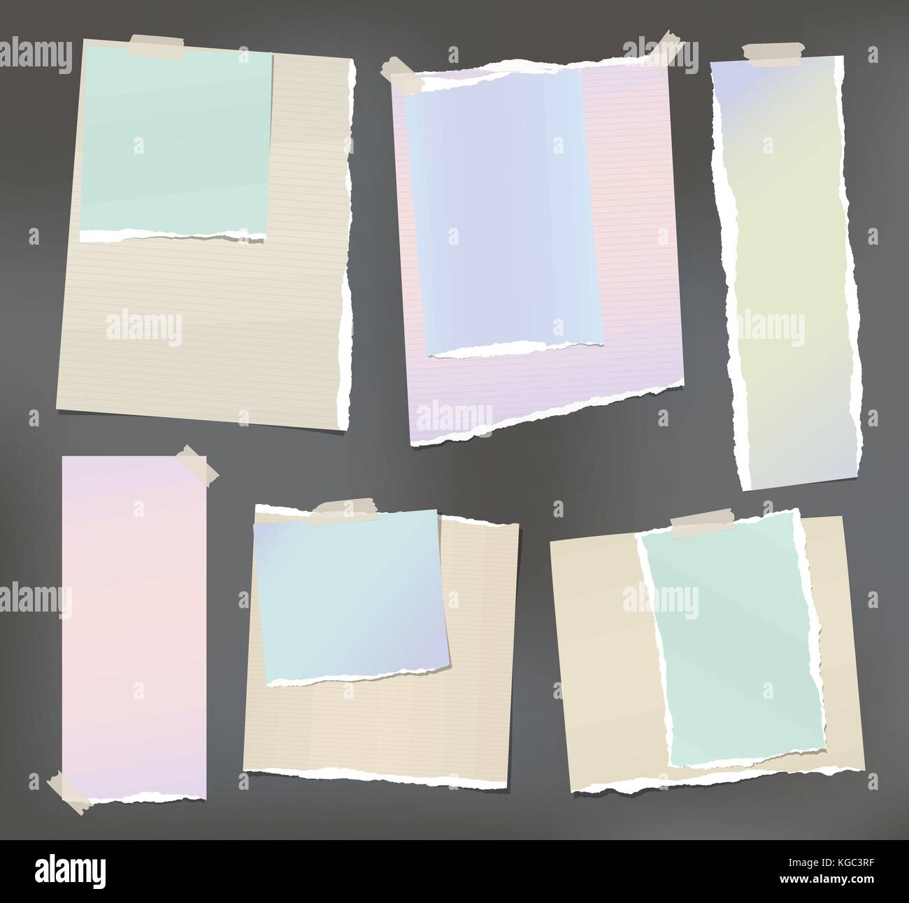 Colorful ripped notebook sheets, note paper for text or message stuck ...