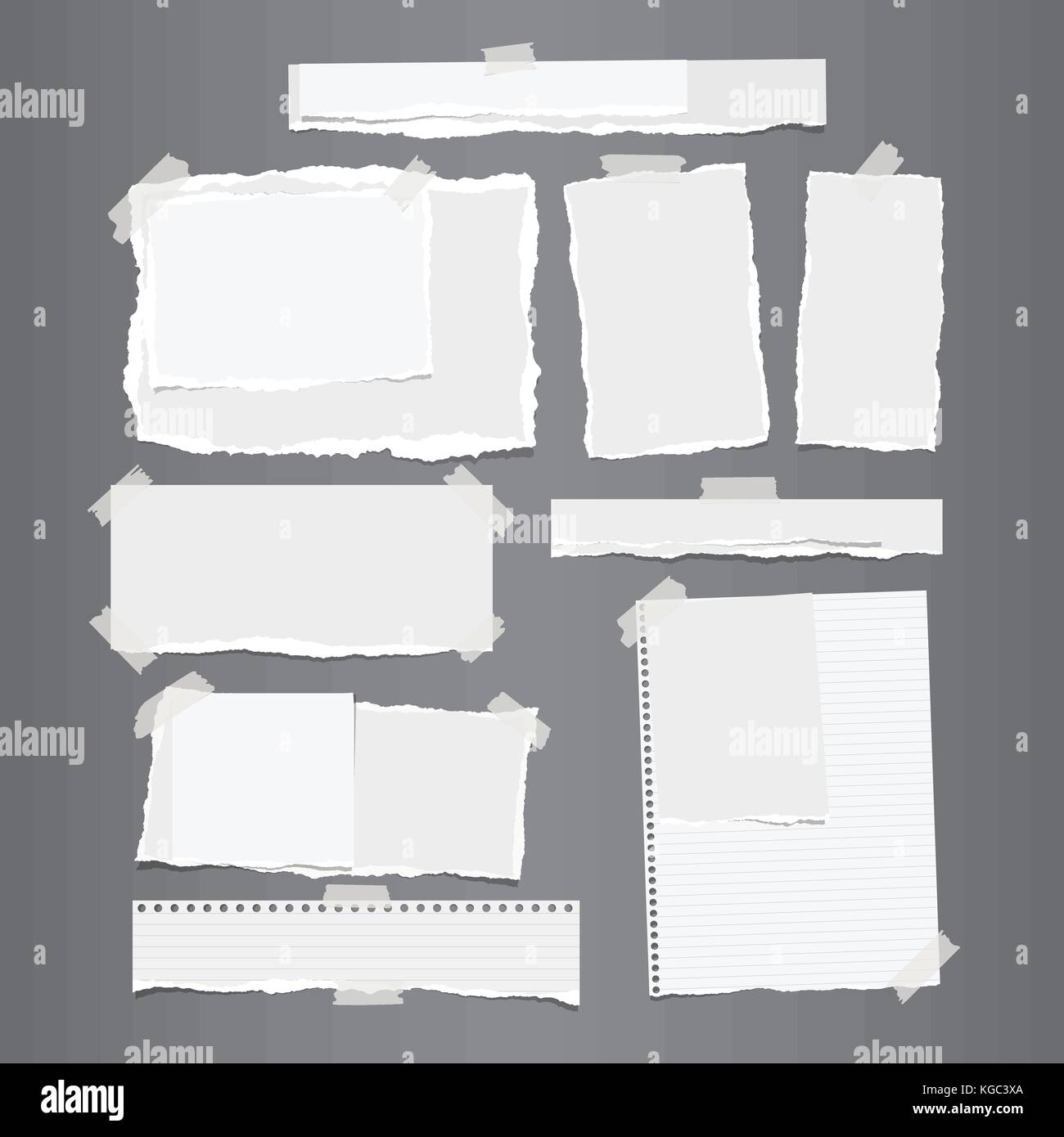 White ripped horizontal and vertical paper strips, notebook, note paper ...