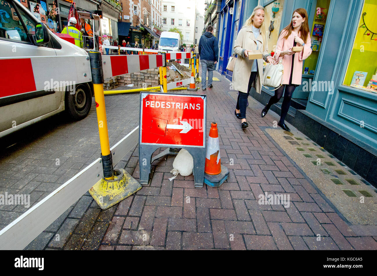 London, England, UK. Roadworks causing disruption to pedestrians Stock ...