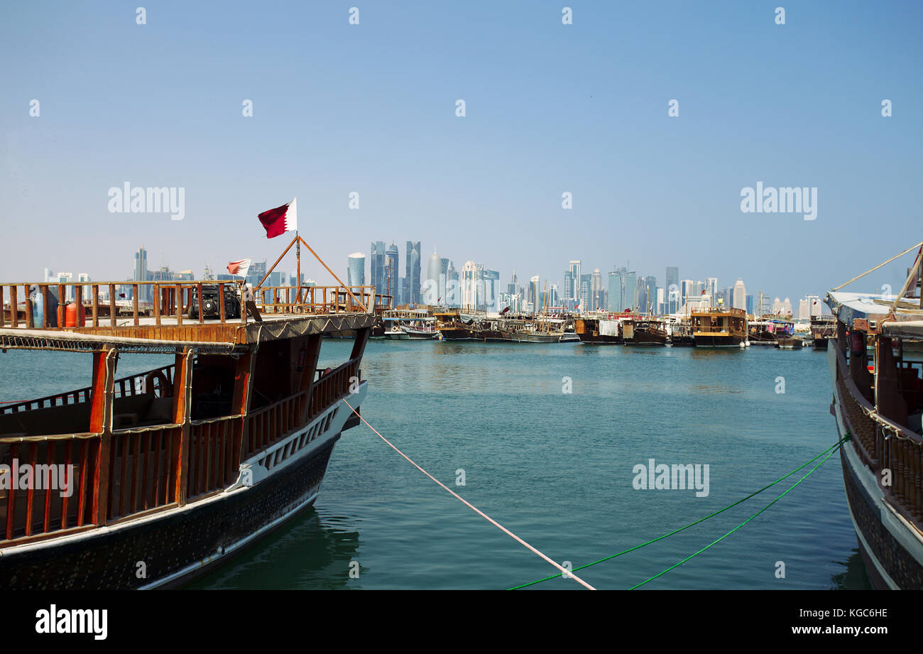 DOHA, QATAR - NOVEMBER 6, 2017: View of Doha Bay from the Corniche ...