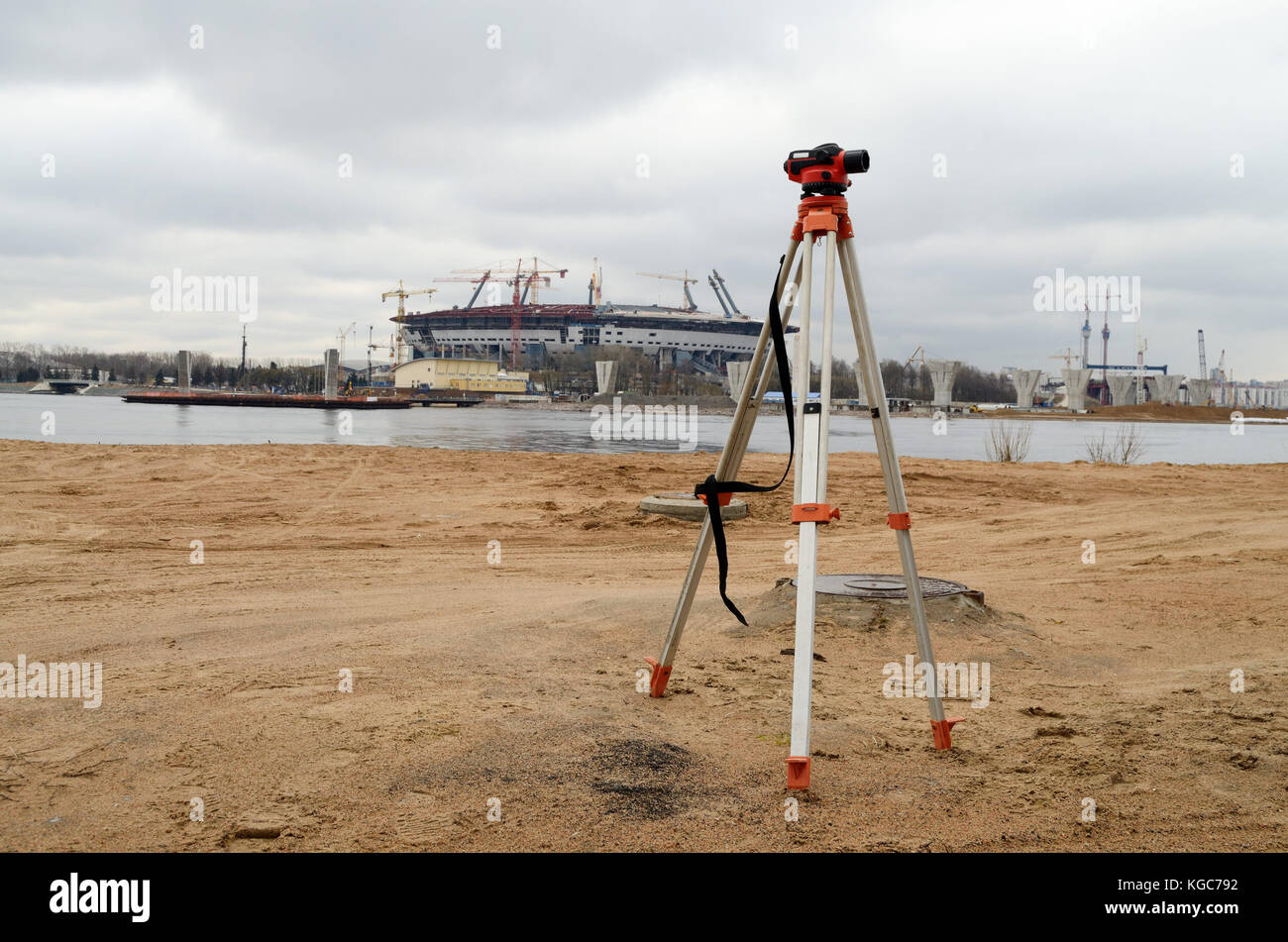 Building level is used for planning at various construction sites Stock ...