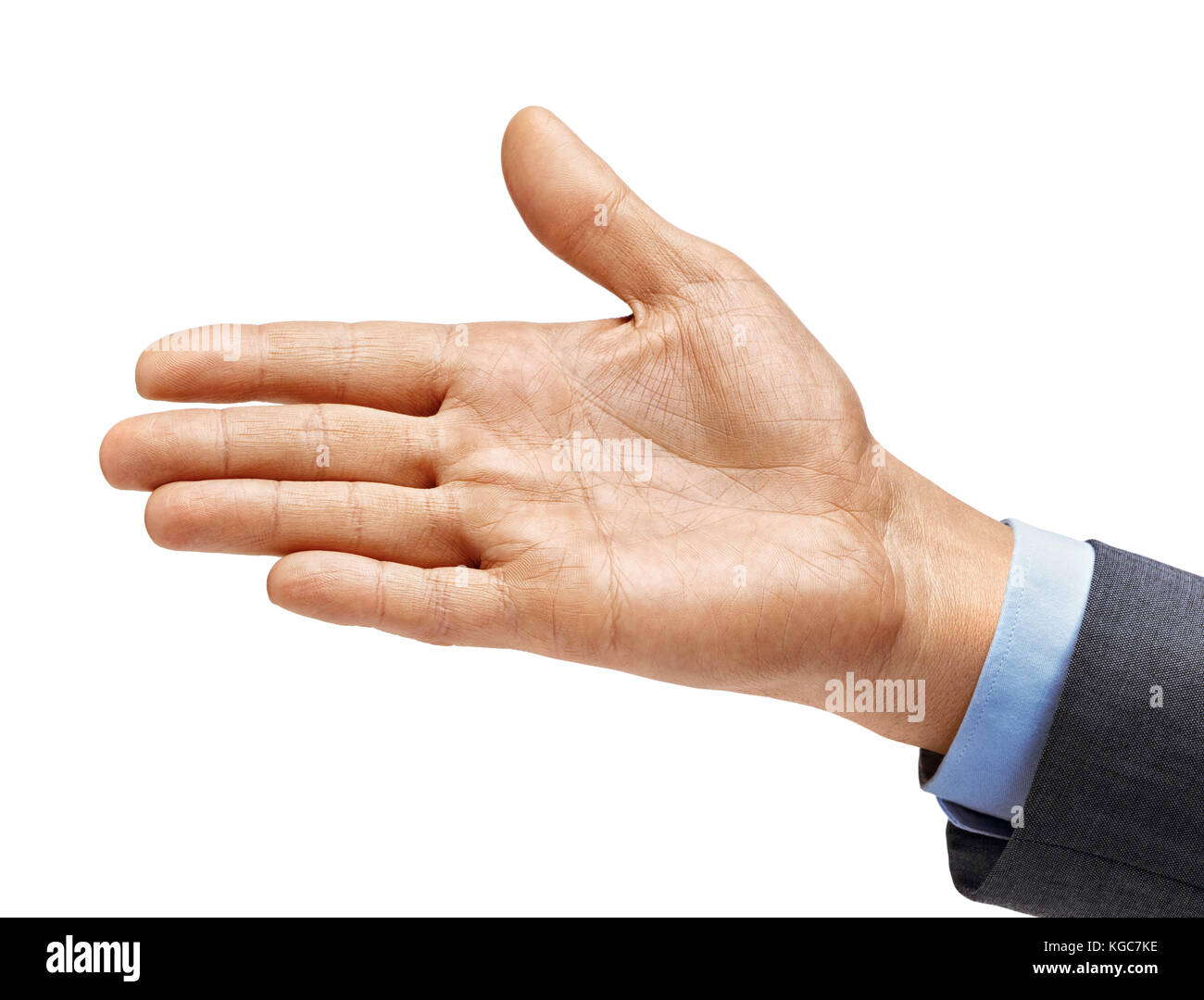 Man's hand in suit outstretched in greeting isolated on white ...
