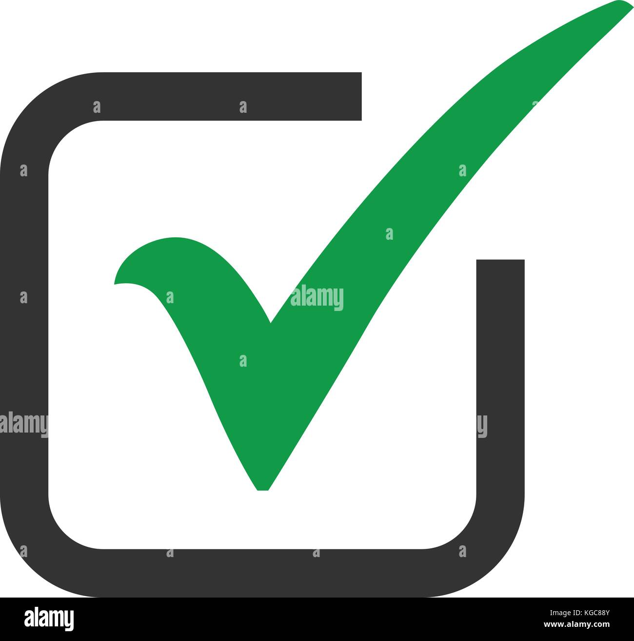 Green check mark icon in a grey outlined box. Green tick symbol, vector ...