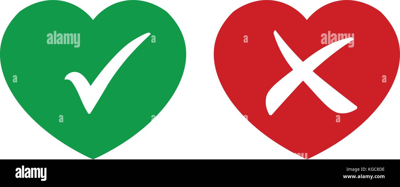 Tick icon set. Stylish check mark icon set in green and red heart ...