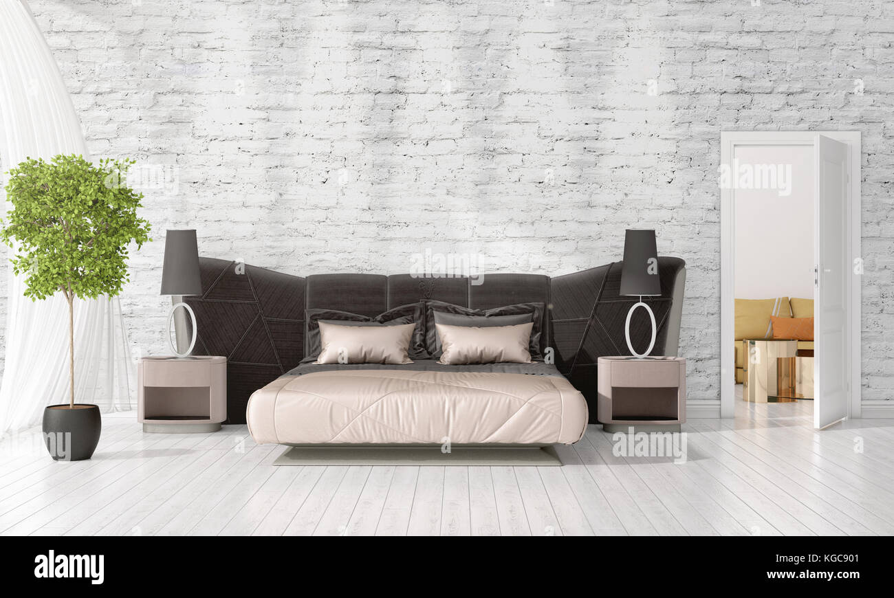 Modern interior design of bedroom in vogue with plant and copyspace in horizontal arrangement ...