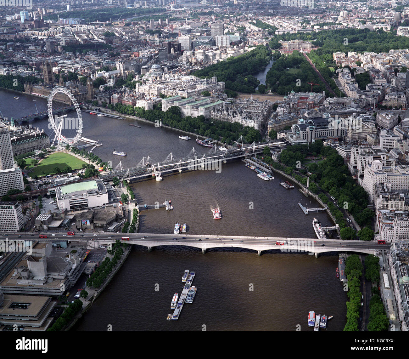 A aerial view of London showing the River Thames, , the Houses of ...