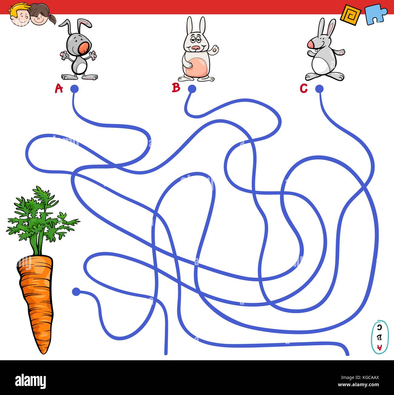 Cartoon Illustration of Paths or Maze Puzzle Activity Game with Rabbit ...