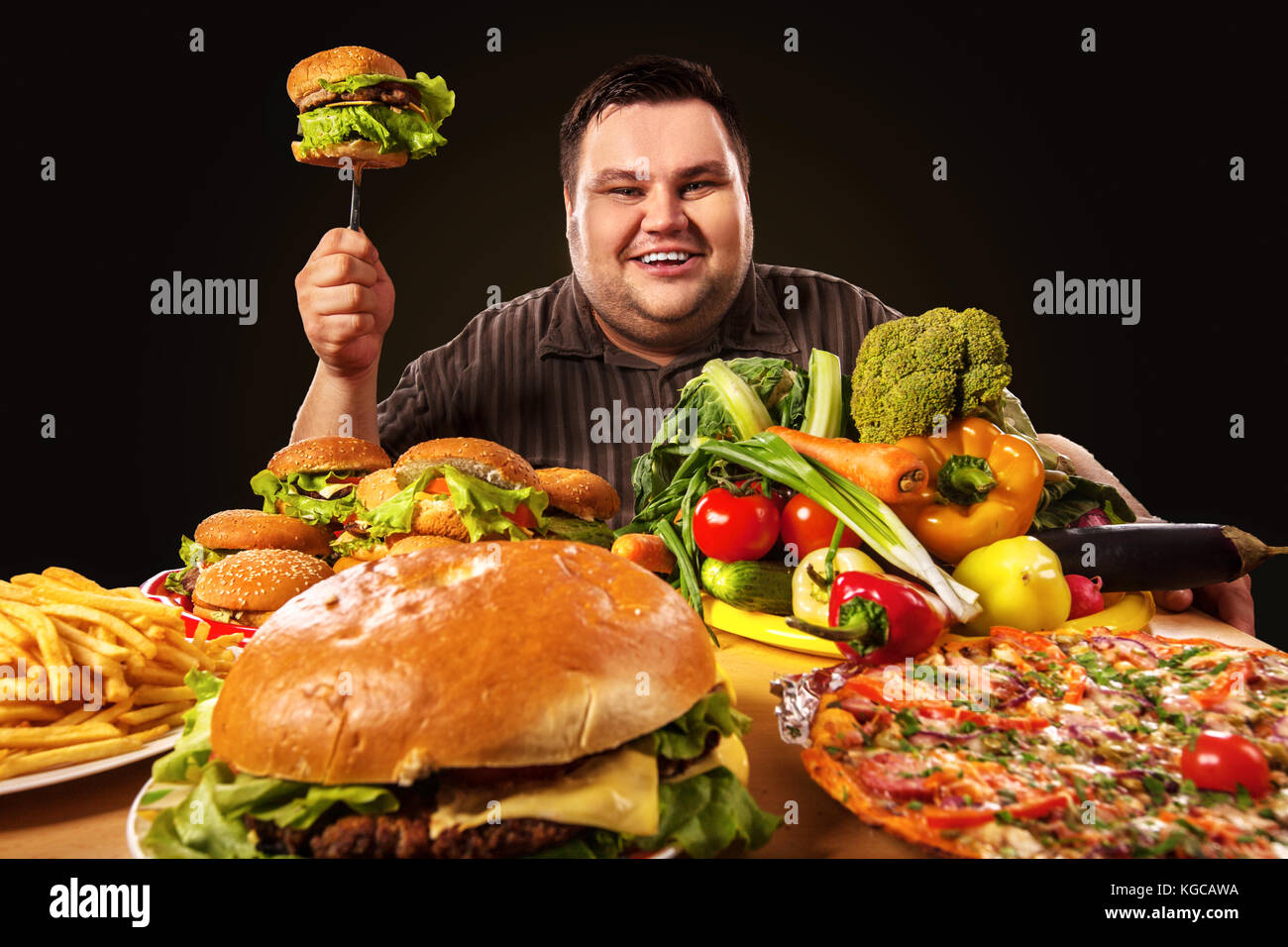 Diet fat man who makes choice between healthy and unhealthy food ...