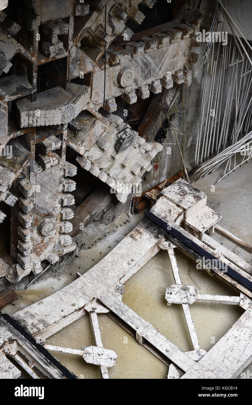 Tunnel boring machine in action during subway construction Stock Photo ...