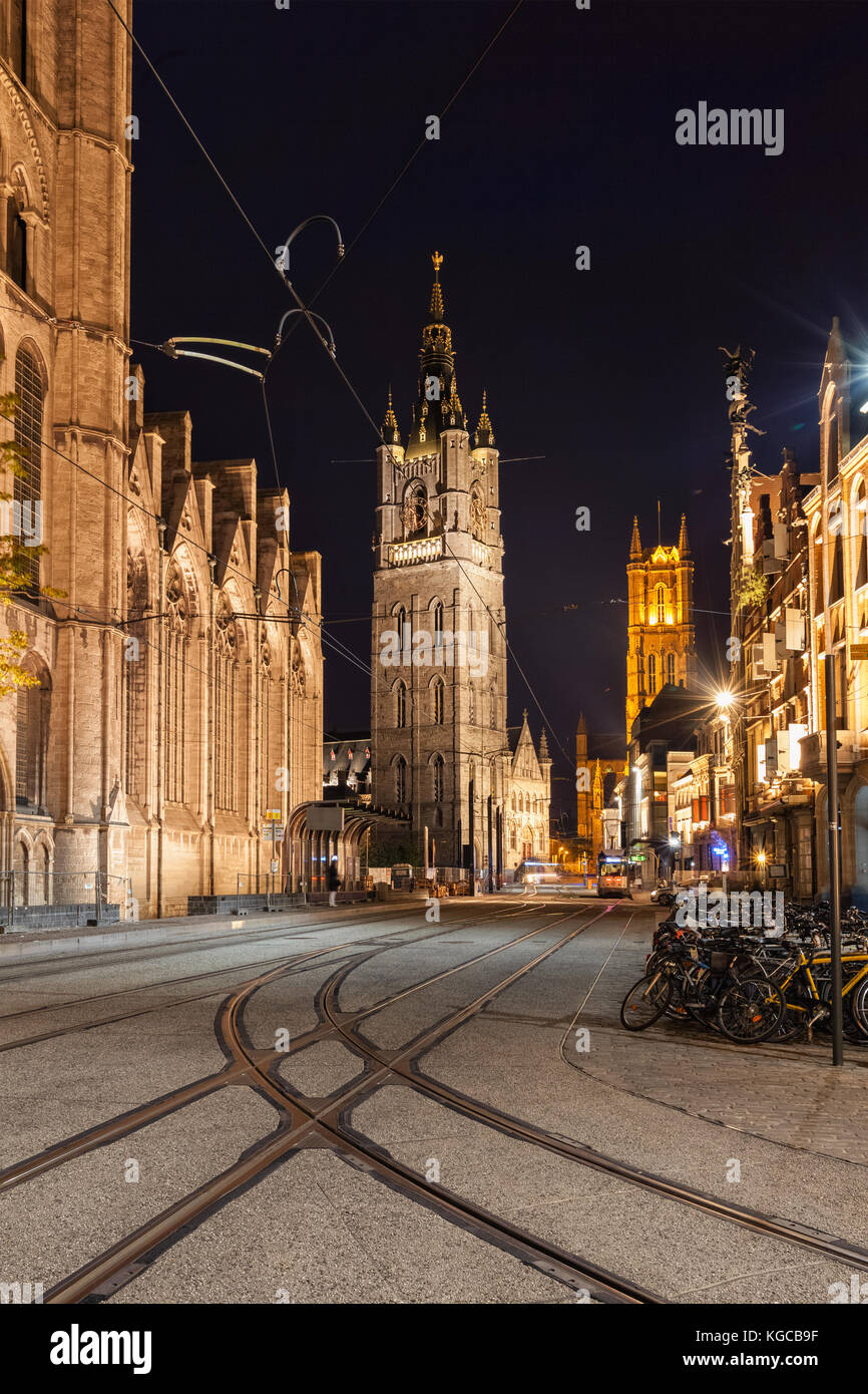 Belfry of Ghent in the night Stock Photo - Alamy