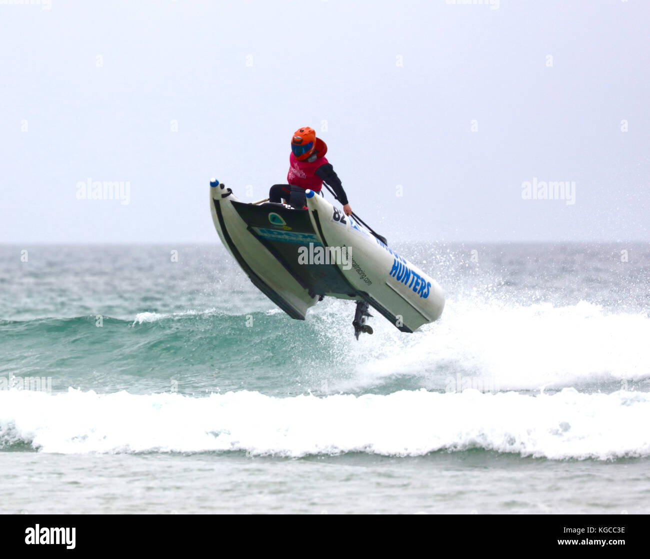 Haggis Hunter flying off a wave at Fistral Stock Photo - Alamy