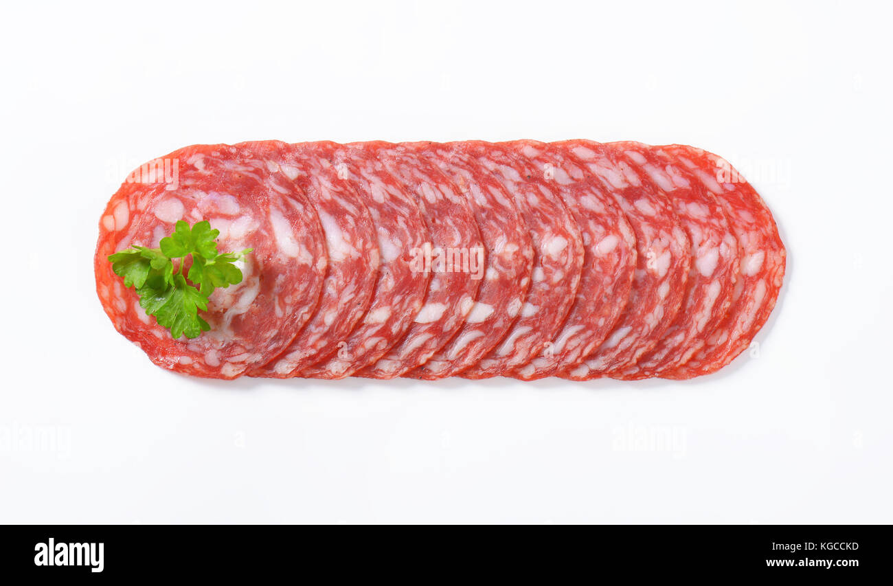 Slices of Spanish summer sausage made with Iberico pork Stock Photo - Alamy