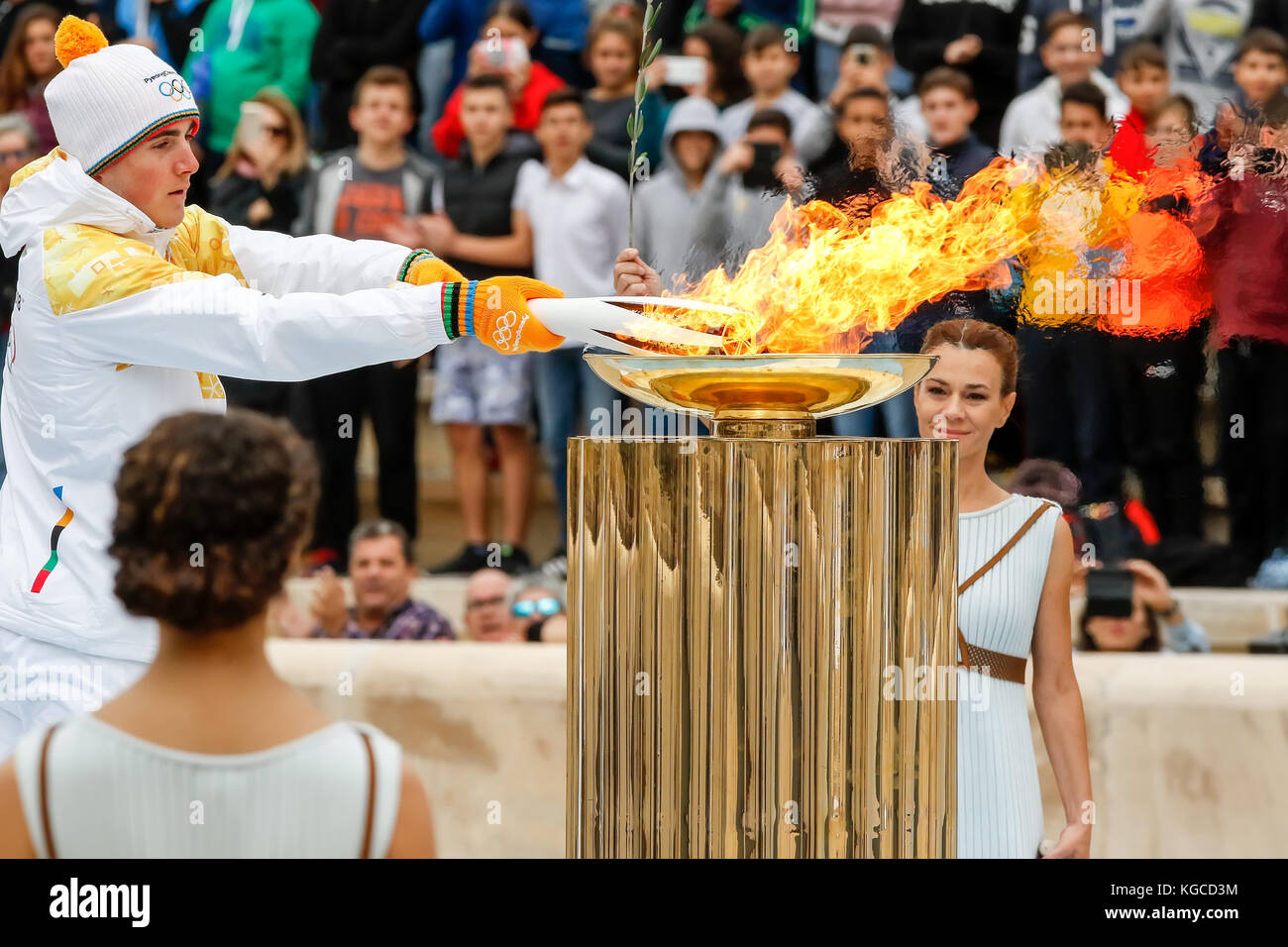 Athens, Greece - Oct 31,2017: The Olympic flame was handed to ...