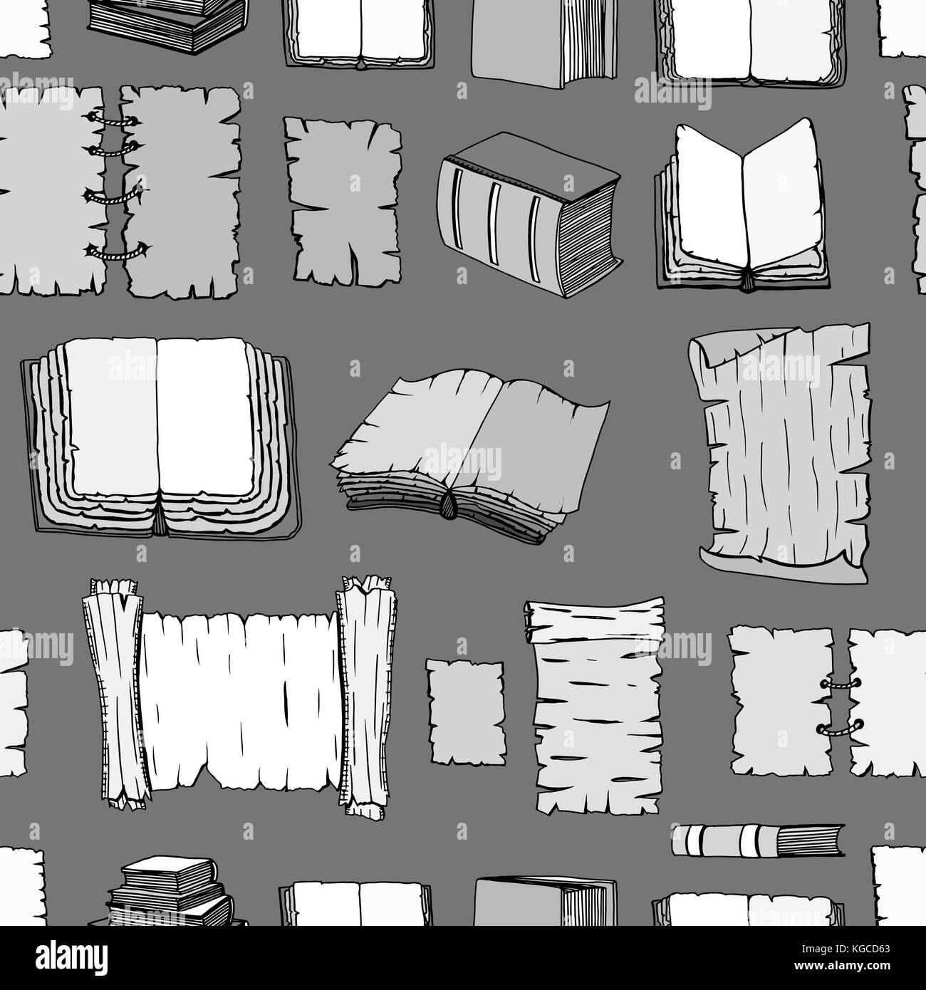 Seamless Hand Drawn Illustrations Pattern of Big Set Books manuscripts ...