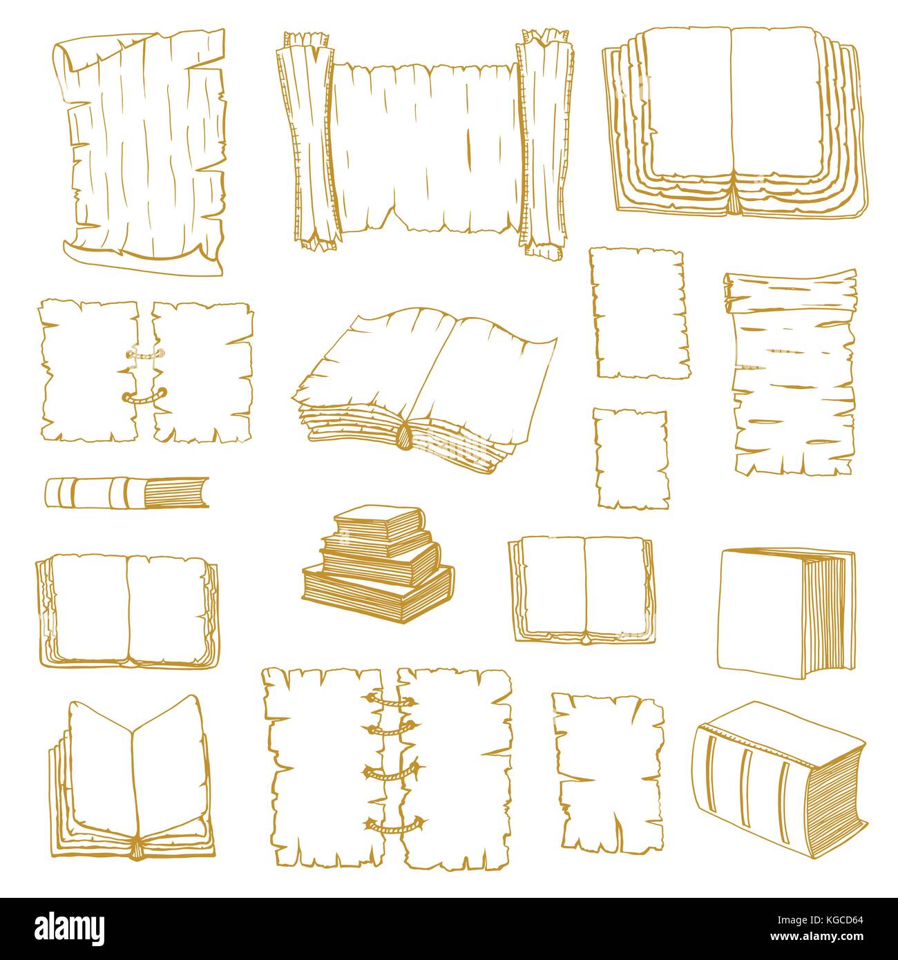 Monochrome Hand Drawn Illustrations of Big Set Books manuscripts ...