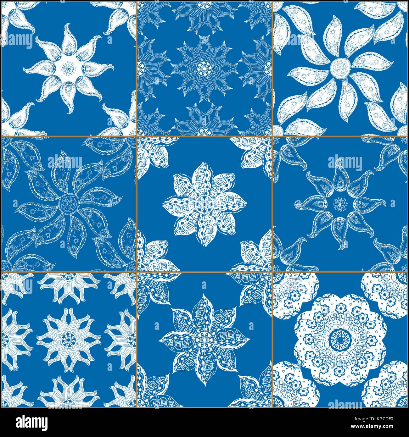 Creative set of classical blue ceramic tiles. Doodles mosaic with hand ...