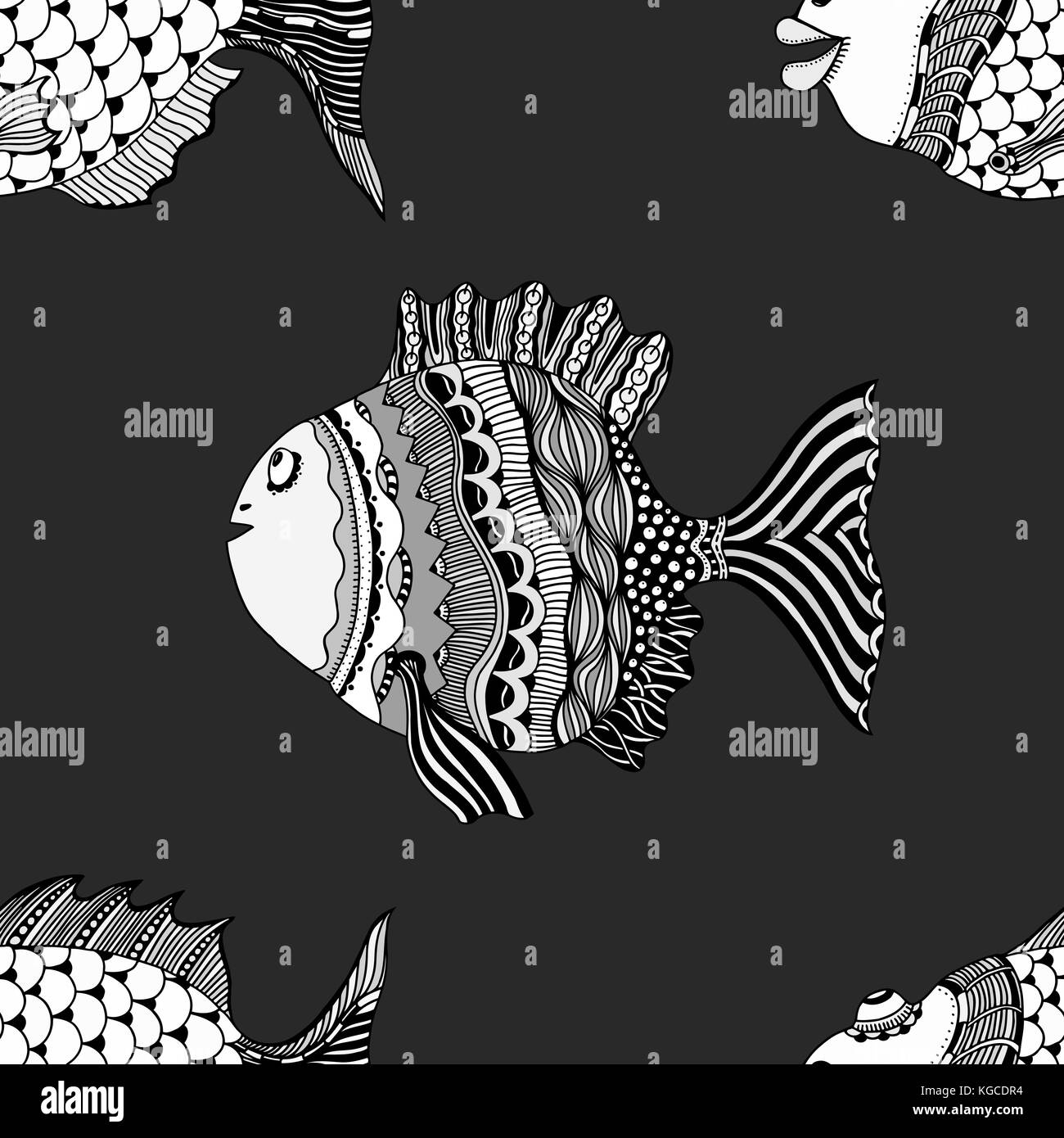 Seamless abstract hand-drawn ornamental fish with waves pattern ...