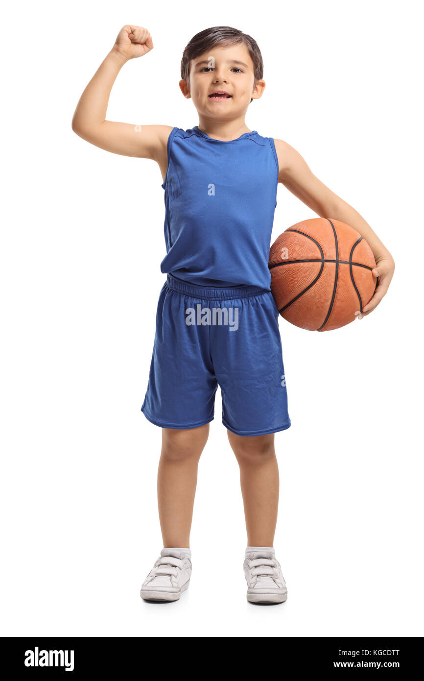 Full length portrait of a little basketball player gesturing success ...