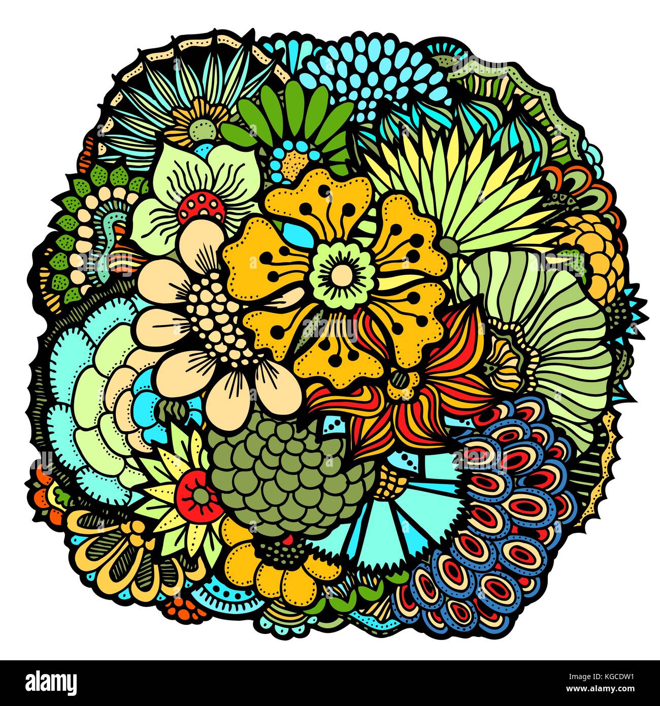Set of colored Spring flowers. Hand drawn picture in a circle. Vector ...