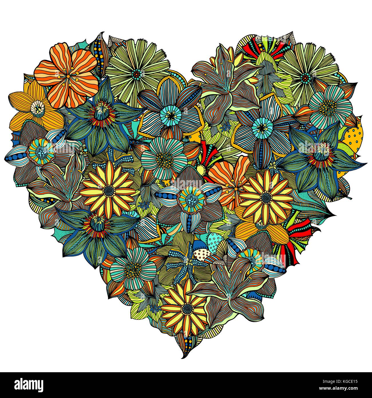 Hand drawn Heart of flower doodle background. Vector illustration Stock ...