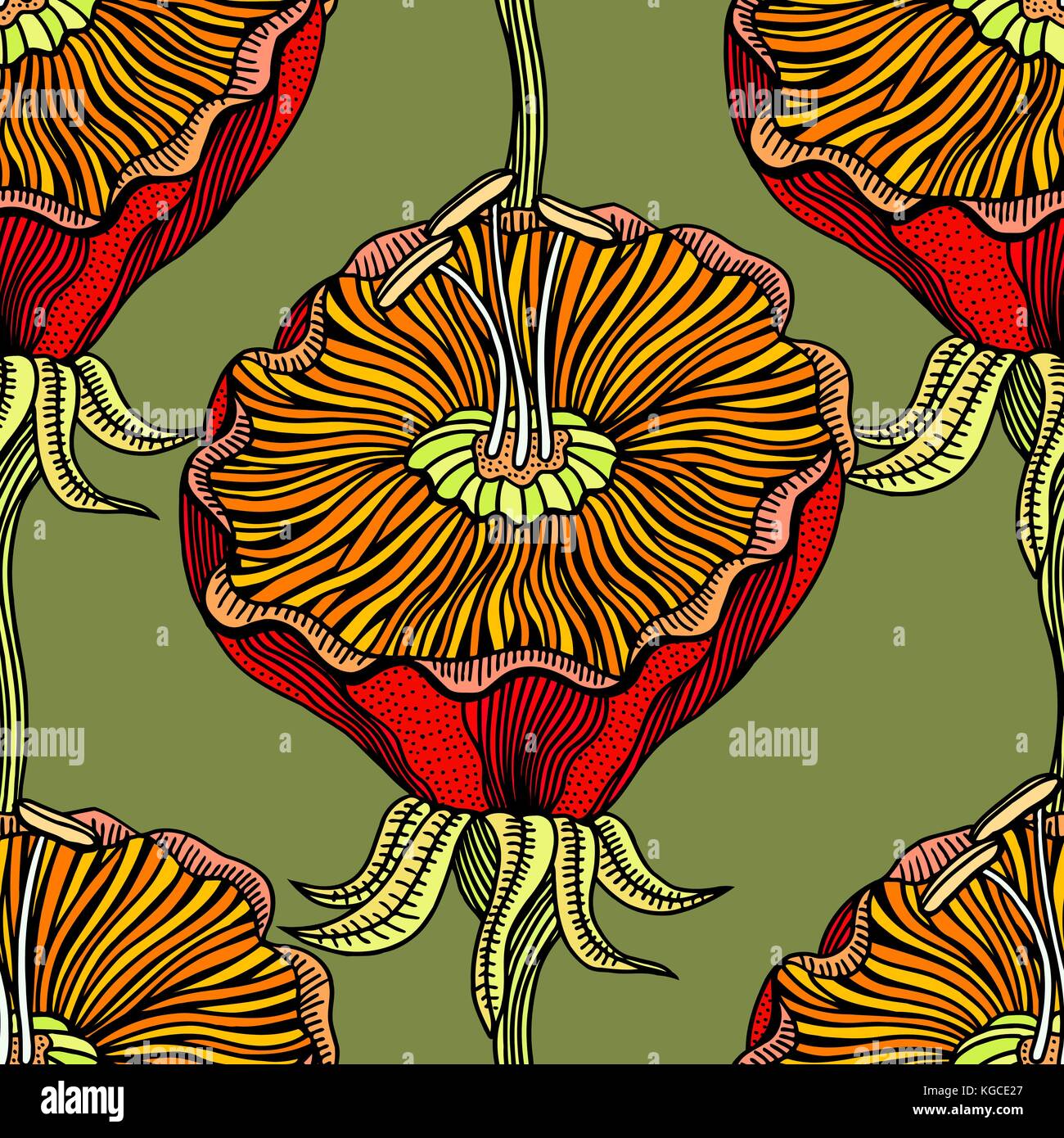 Seamless pattern with hand drawn flowers. Chinese and Japanese silk art ...
