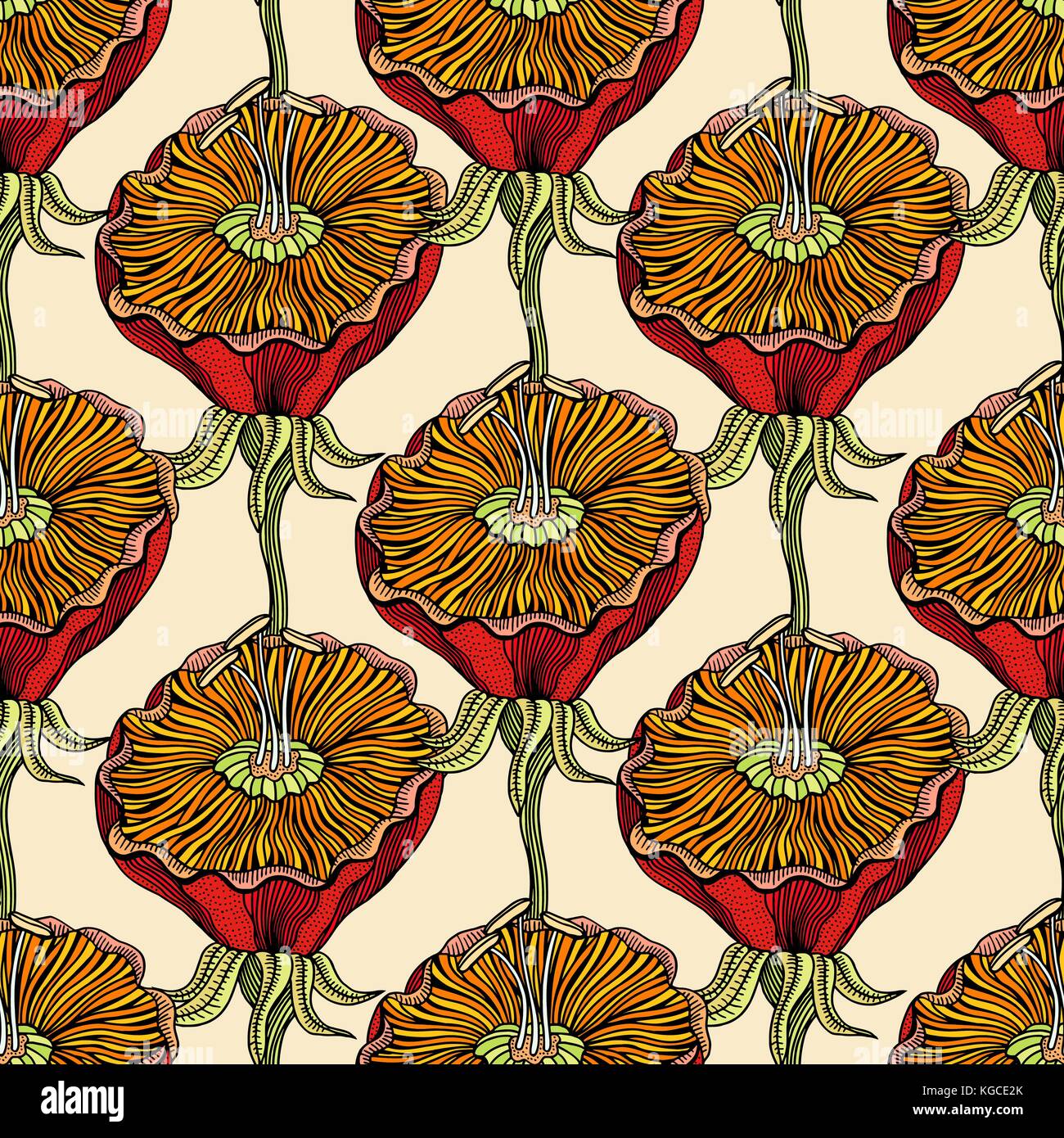 Seamless pattern with hand drawn flowers. Chinese and Japanese silk art ...