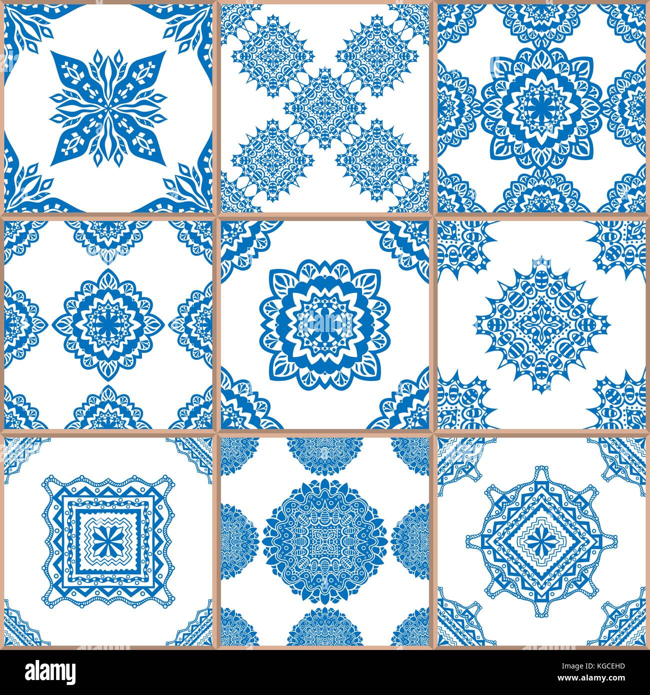 Mega Gorgeous seamless patchwork pattern from dark blue and white Moroccan, Portuguese tiles ...