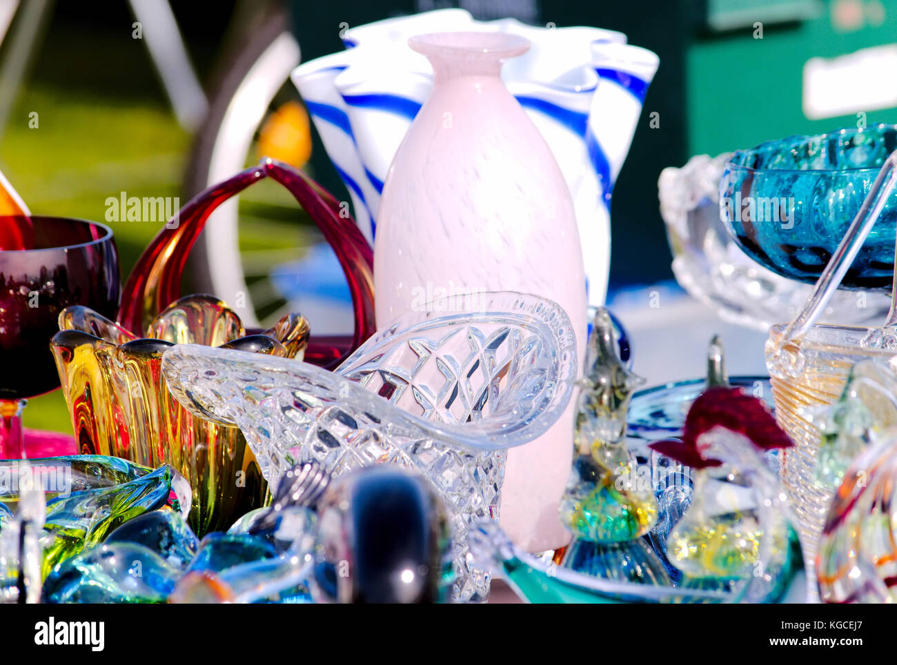 Various glassware on a market stall Stock Photo - Alamy