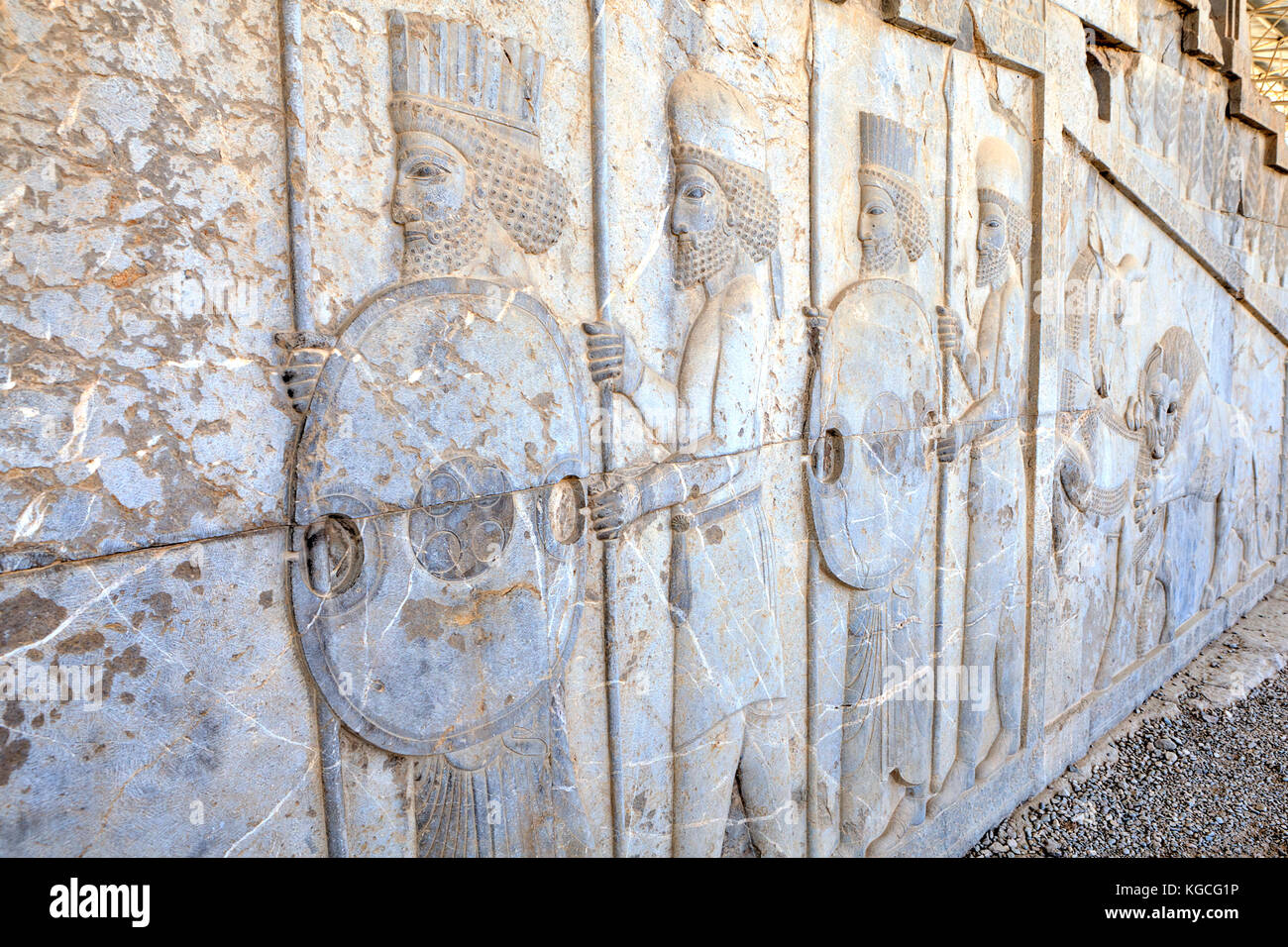 Persian warriors armed, bas relief in Xerxes palace, Persepolis, Iran ...