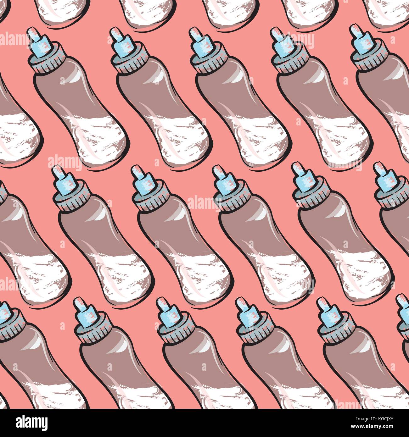 Baby bottle with milk seamless pattern. Baby care drawn background ...