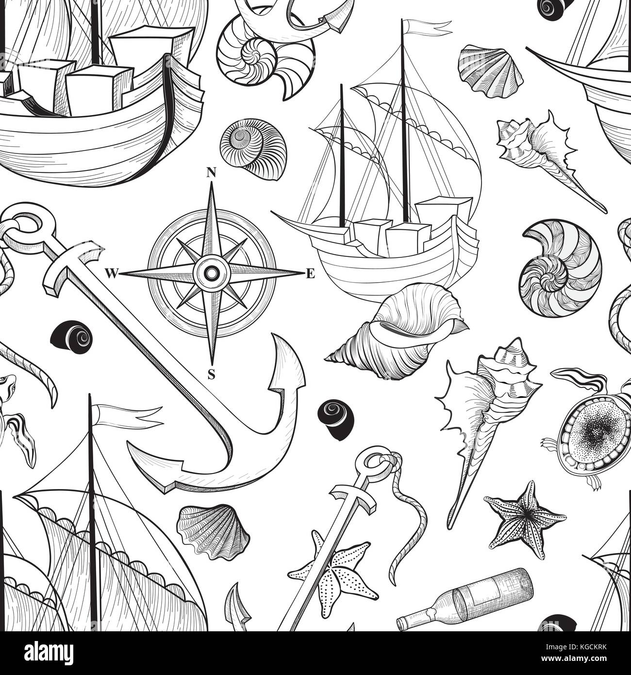 Marine life seamless pattern. Sailing ship, Seashell, anchor, compass ...
