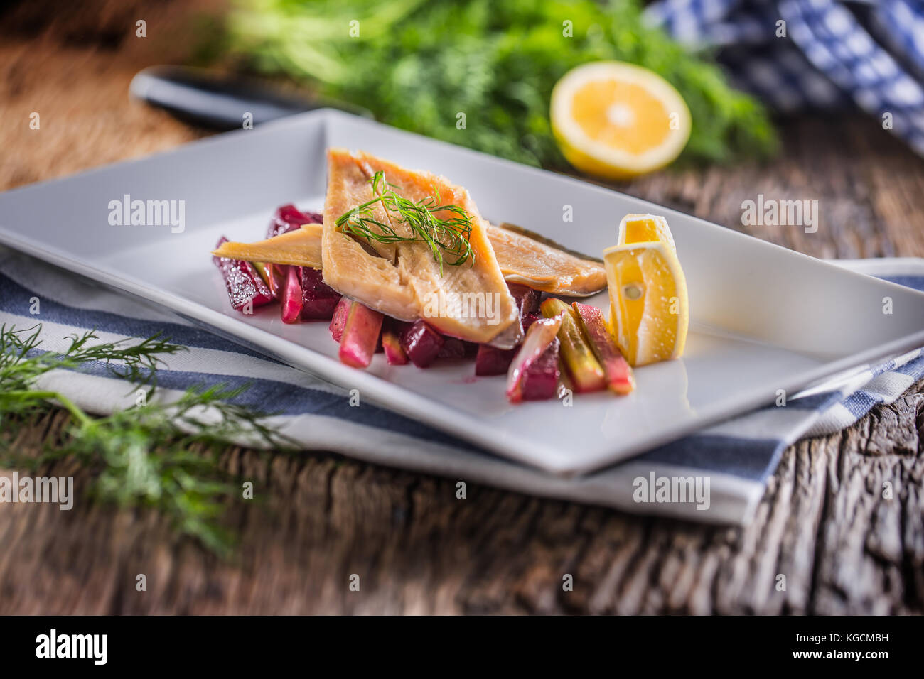 Fish trout. Portion Smoked fillet trout with vegetable dill and lemon ...