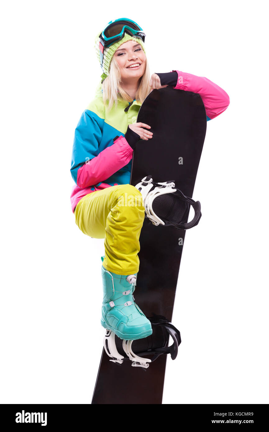 pretty young blonde woman in colorful snow coat hold snowboard Stock ...