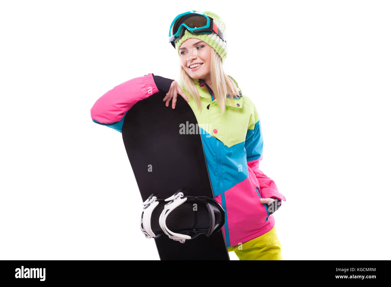 pretty young blonde woman in colorful snow coat hold snowboard Stock ...
