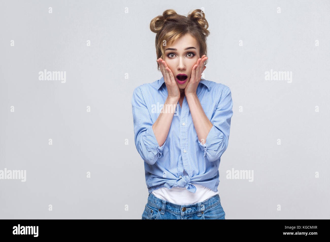 Human face expressions and emotions. Blonde woman screaming with shock ...