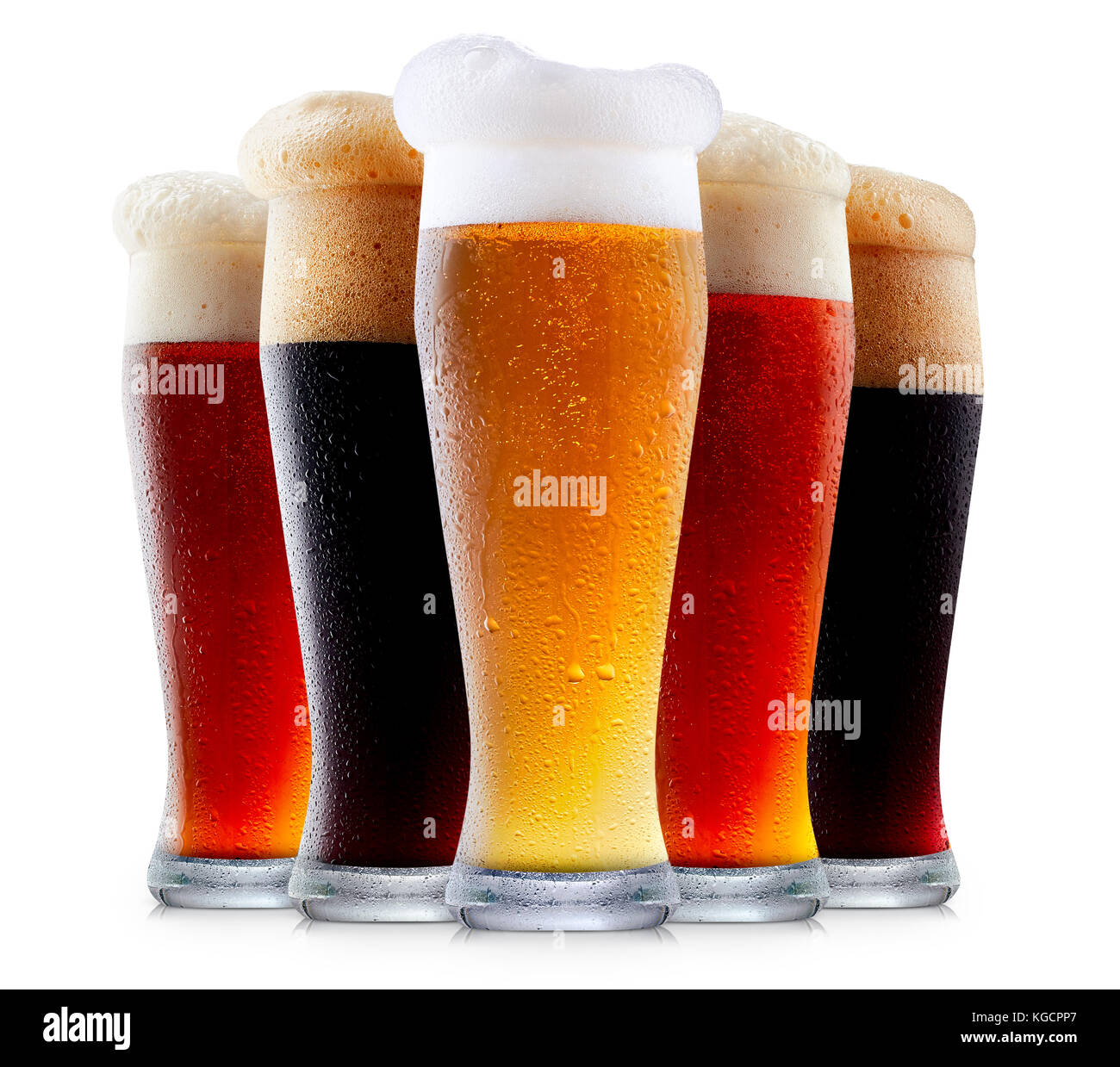 Mug collection of frosty beer with foam Stock Photo - Alamy