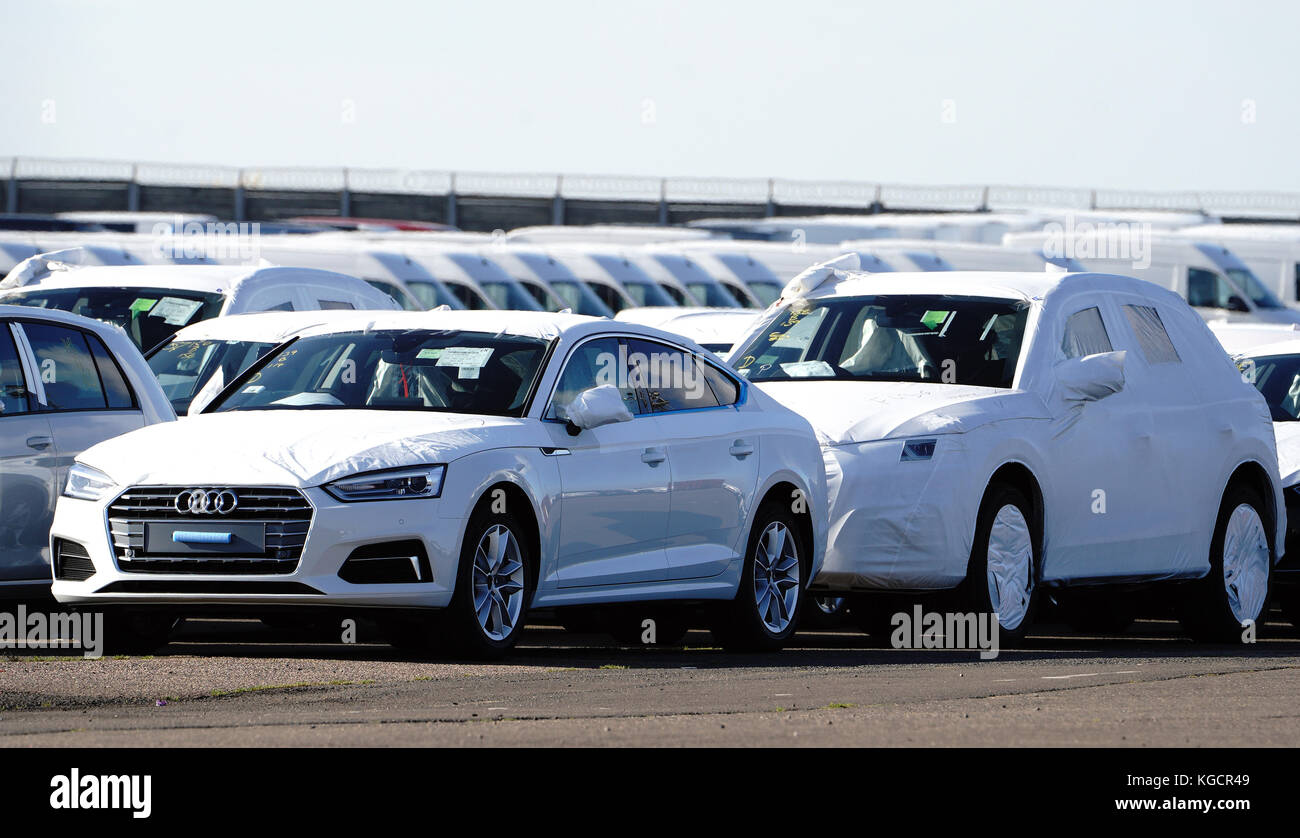 New cars in a compound near Queenborough, Kent, as the new car market ...
