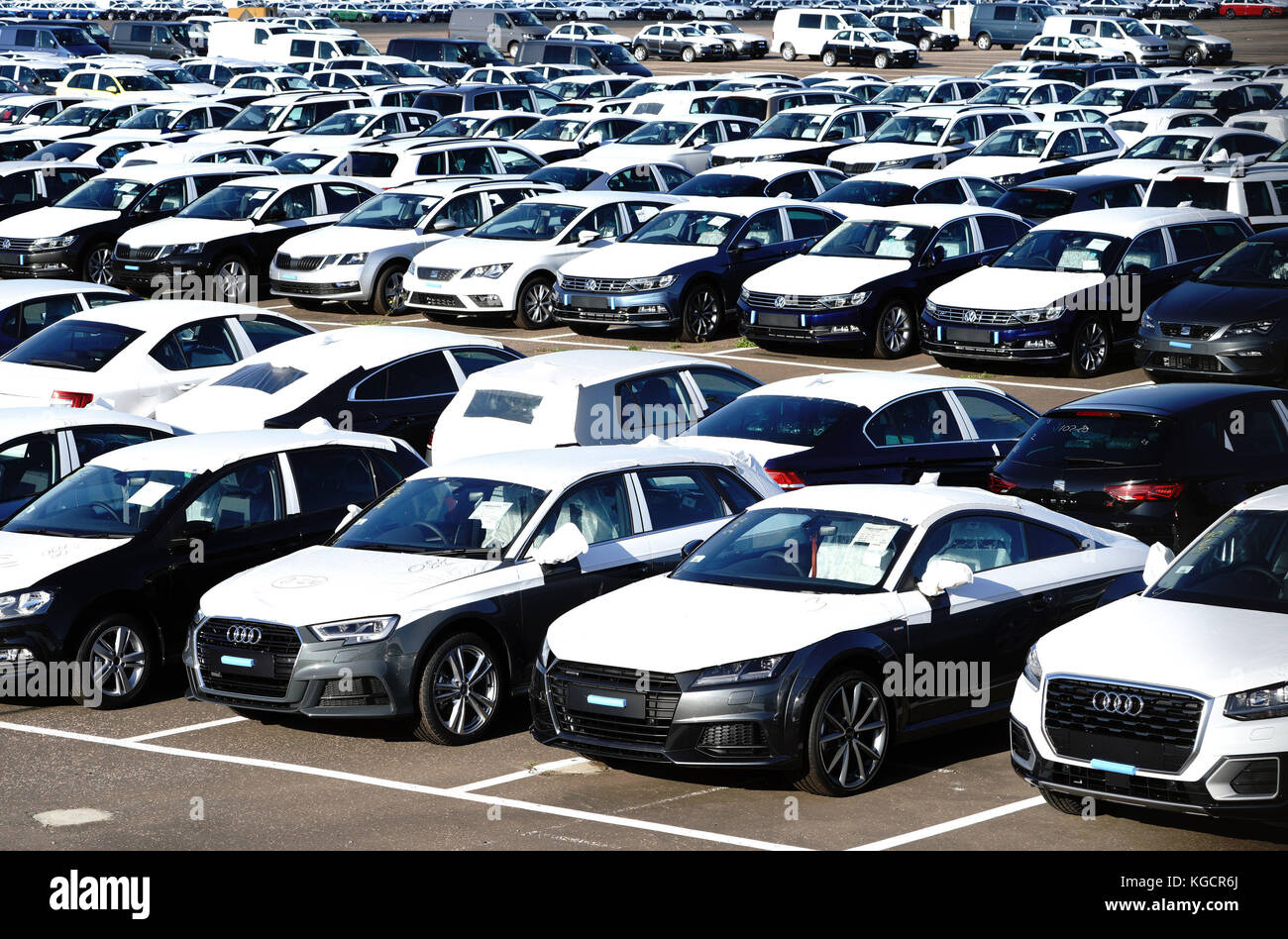 New cars in a compound near Queenborough, Kent, as the new car market ...