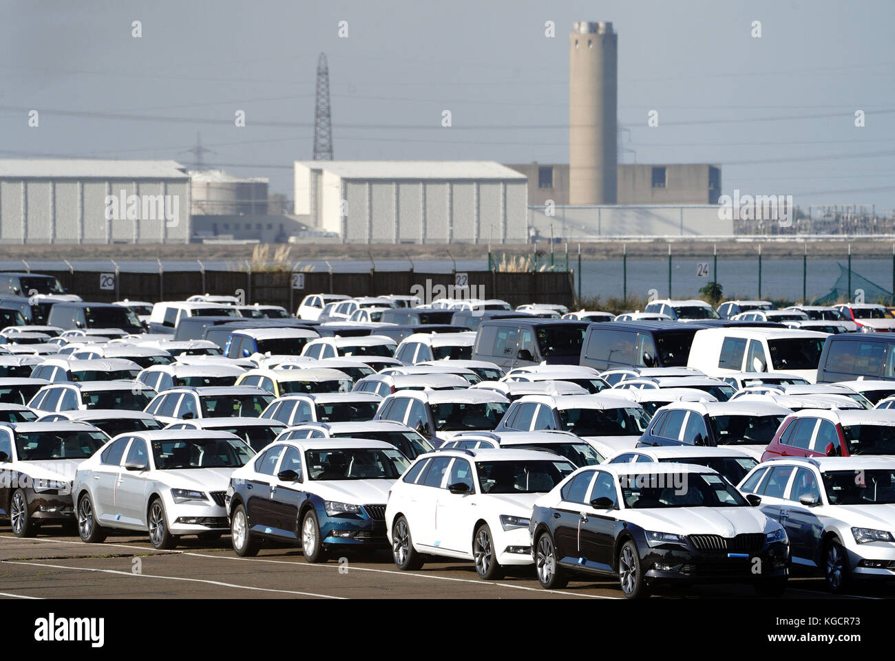 New cars in a compound near Queenborough, Kent, as the new car market ...